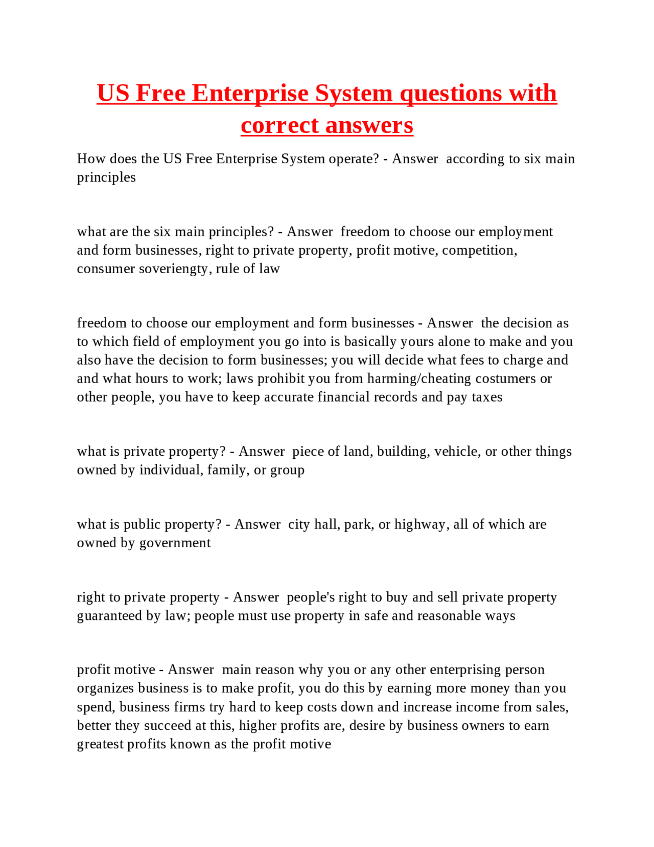 US Free Enterprise System questions with correct answers | Exams ...