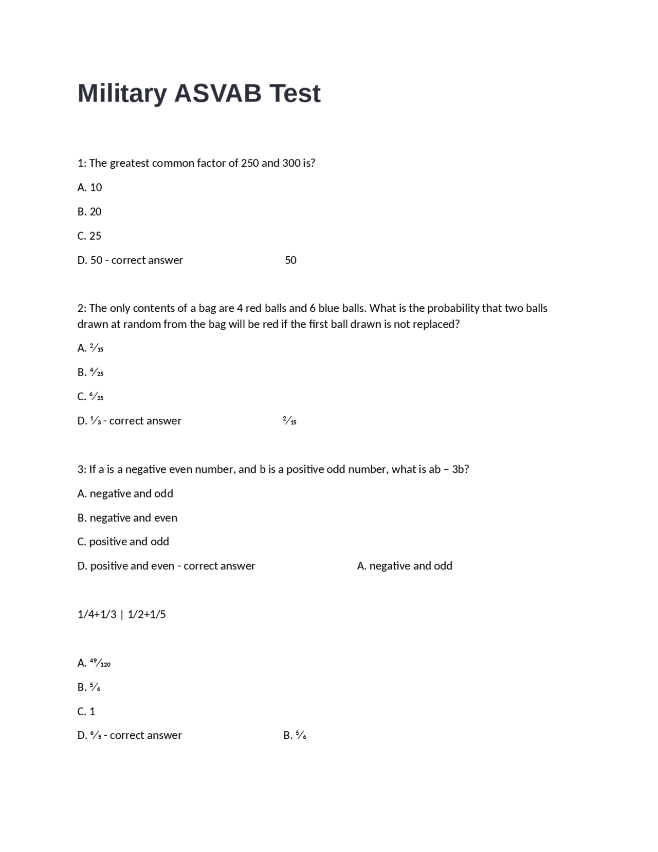 Military ASVAB Test Prep Questions Fully Solved. | Exams Nursing | Docsity