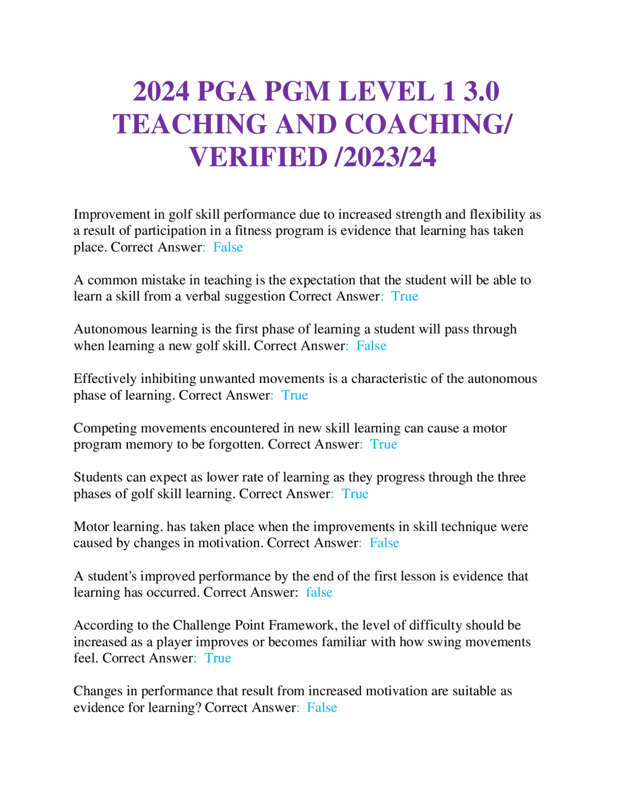 2024 PGA PGM LEVEL 1 3.0 TEACHING AND COACHING/ VERIFIED /2023/24 | Exams Public Health | Docsity