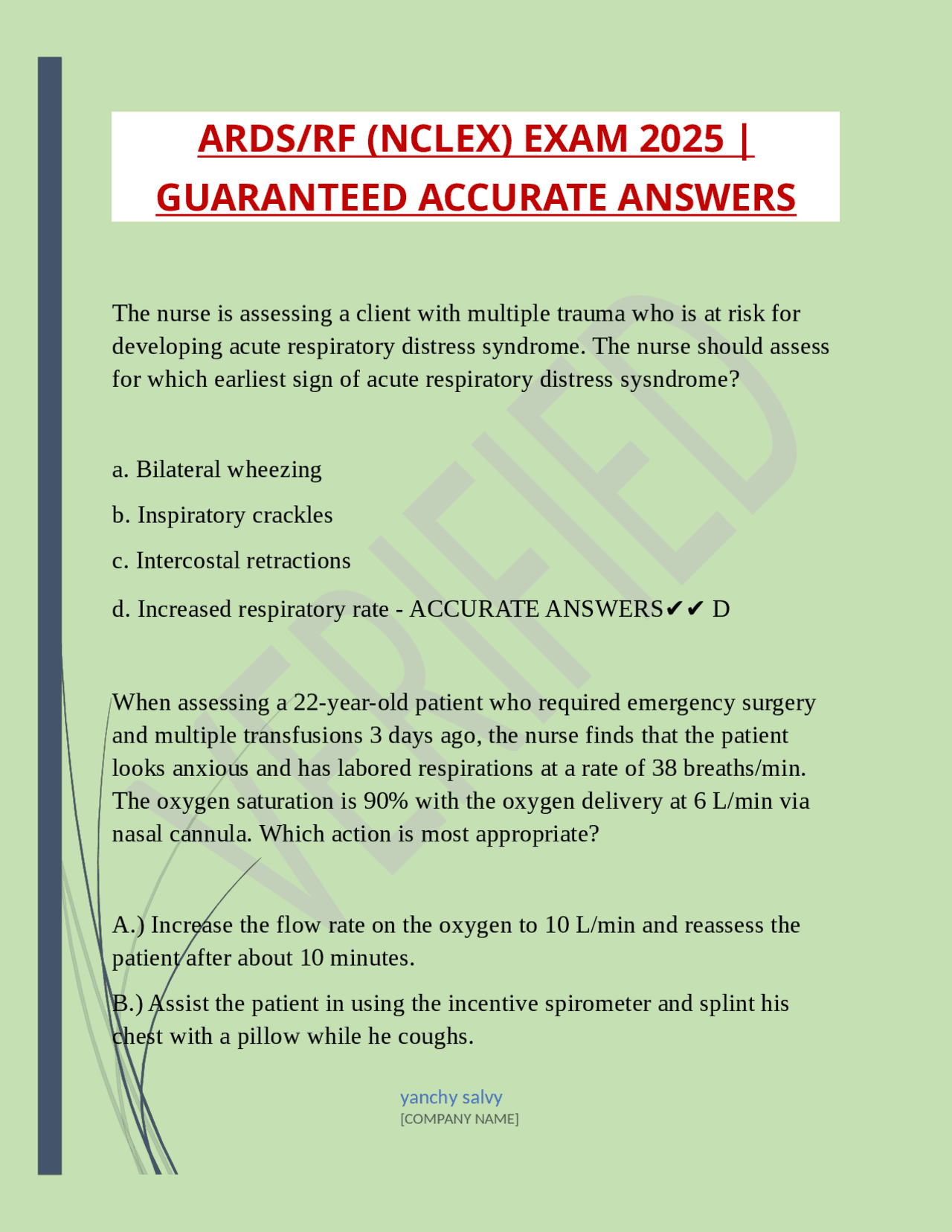 ARDS/RF (NCLEX) EXAM 2025 |GUARANTEED ACCURATE ANSWERS | Exams Nursing ...