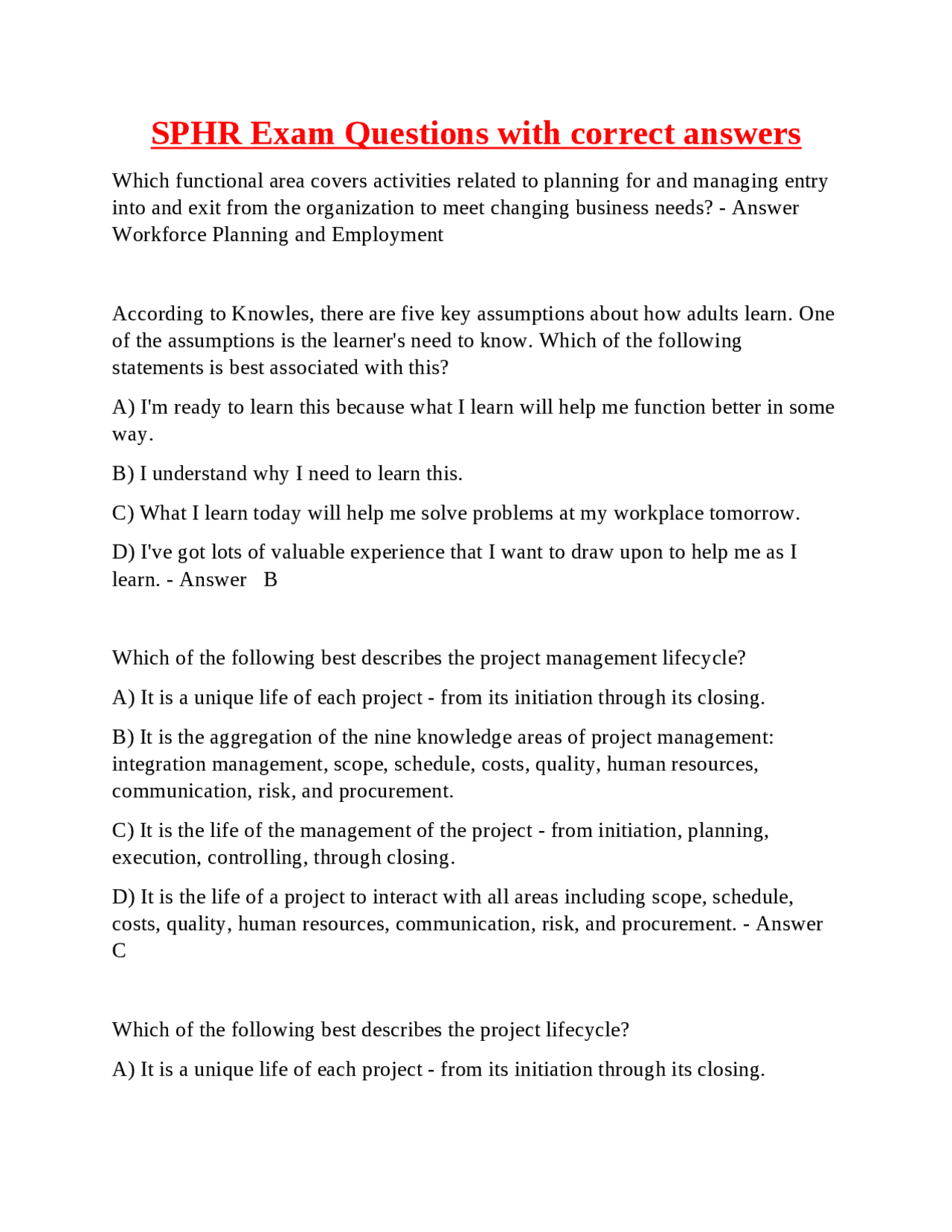 SPHR Exam Questions and Answers | Exams Advanced Education | Docsity