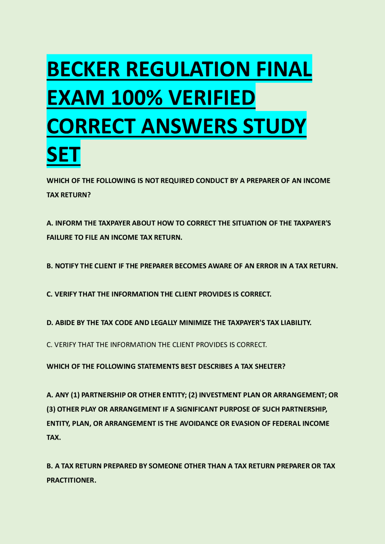 BECKER REGULATION FINAL EXAM 100% VERIFIED CORRECT ANSWERS STUDY SET ...