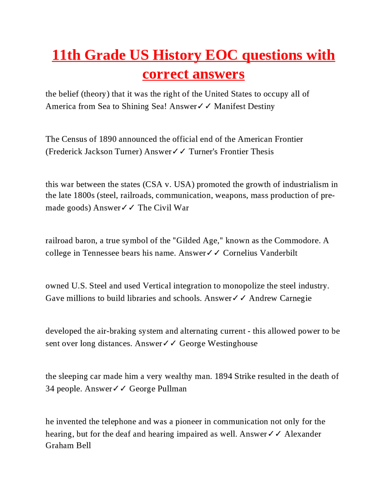 11th Grade US History EOC Questions and Answers: Key Events and Figures ...