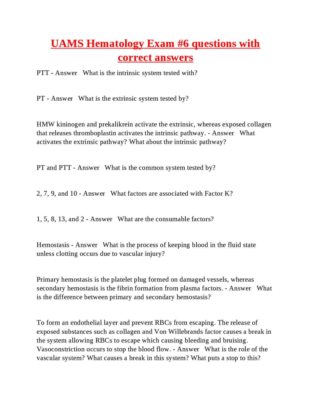 Hematology Exam #6 Questions and Answers | Exams Nursing | Docsity