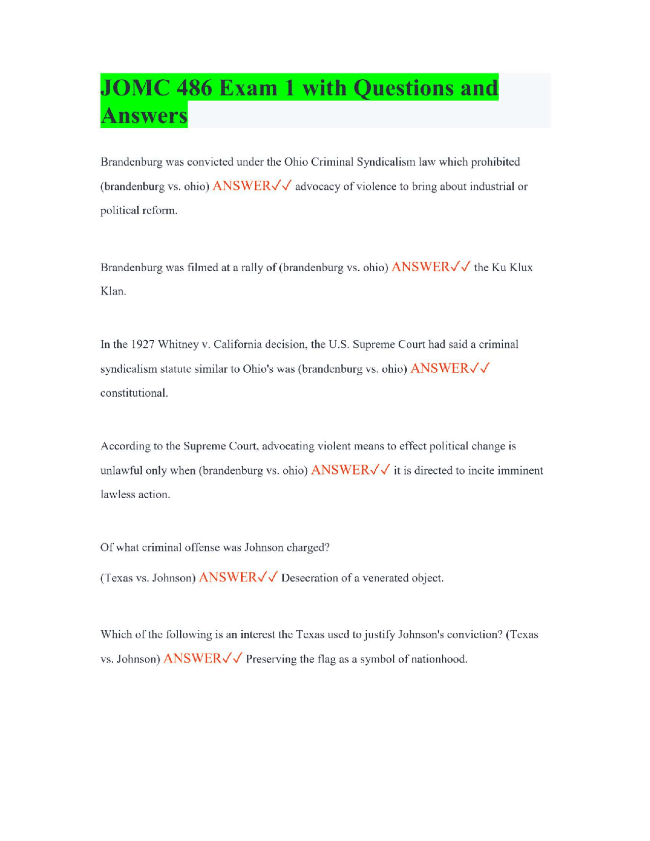 JOMC 486 Exam 1 with Questions and Answers | Exams Journalism | Docsity