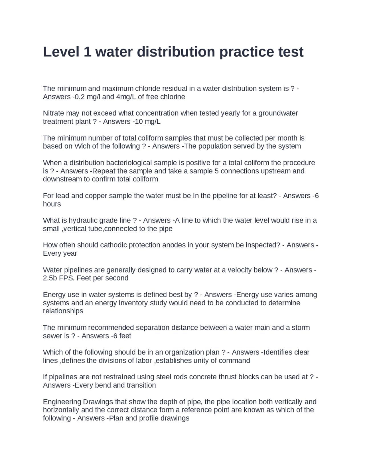 Level 1 Water Distribution Practice Test Exam Questions and Answers ...
