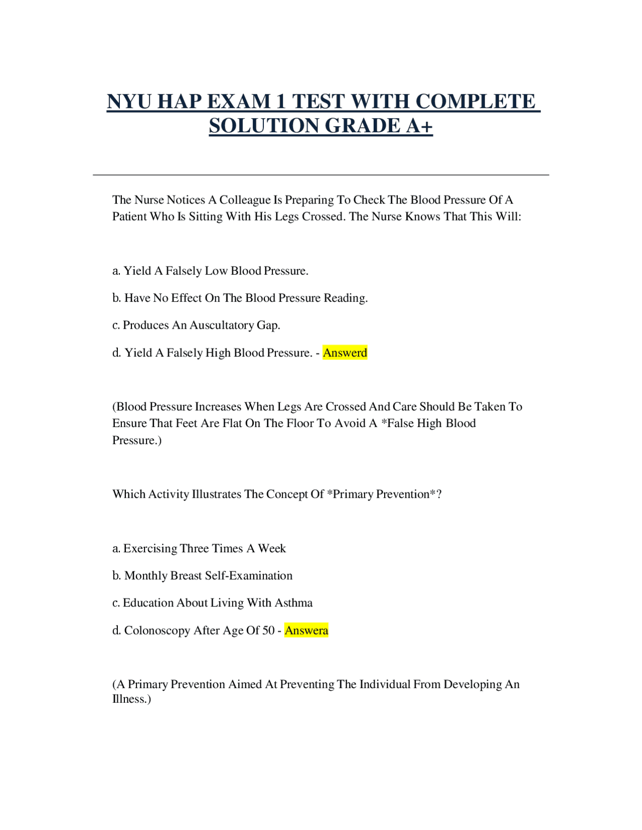 NYU HAP EXAM 1 TEST WITH COMPLETE SOLUTION GRADE A+ | Exams Nursing ...