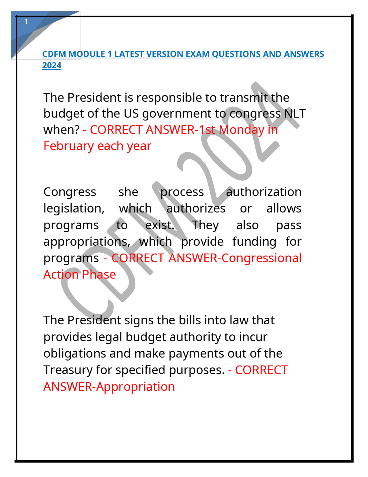 CDFM Module 1 Latest Version Exam Questions and Answers 2024 | Exams ...