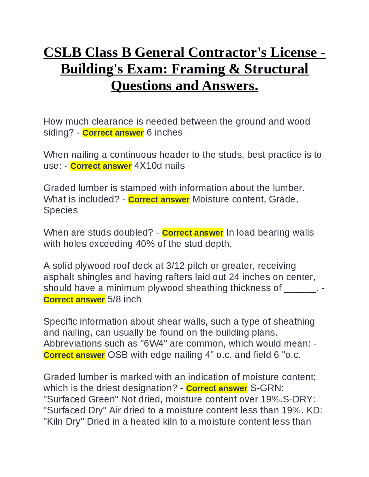 CSLB Class B Contractor Exam: Framing & Structural Q&A | Exams ...