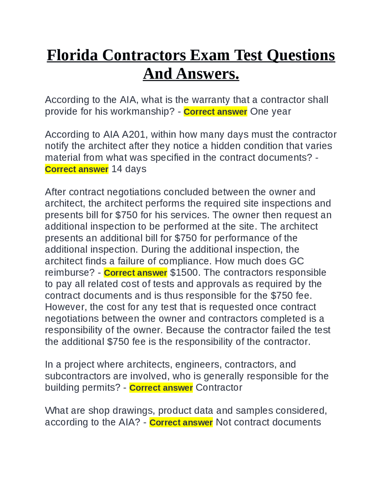 Florida Contractors Exam Test Questions and Answers: A Guide to AIA ...