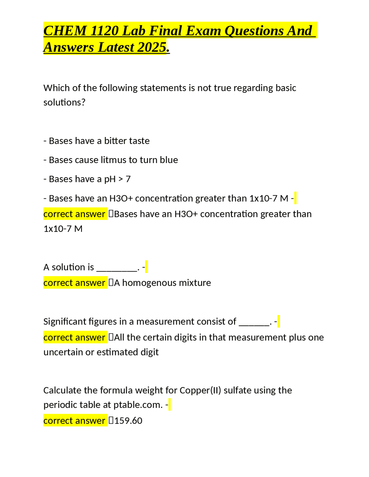 CHEM 1120 Lab Final Exam Questions and Answers: A Comprehensive Review of Key Concepts | Exams ...