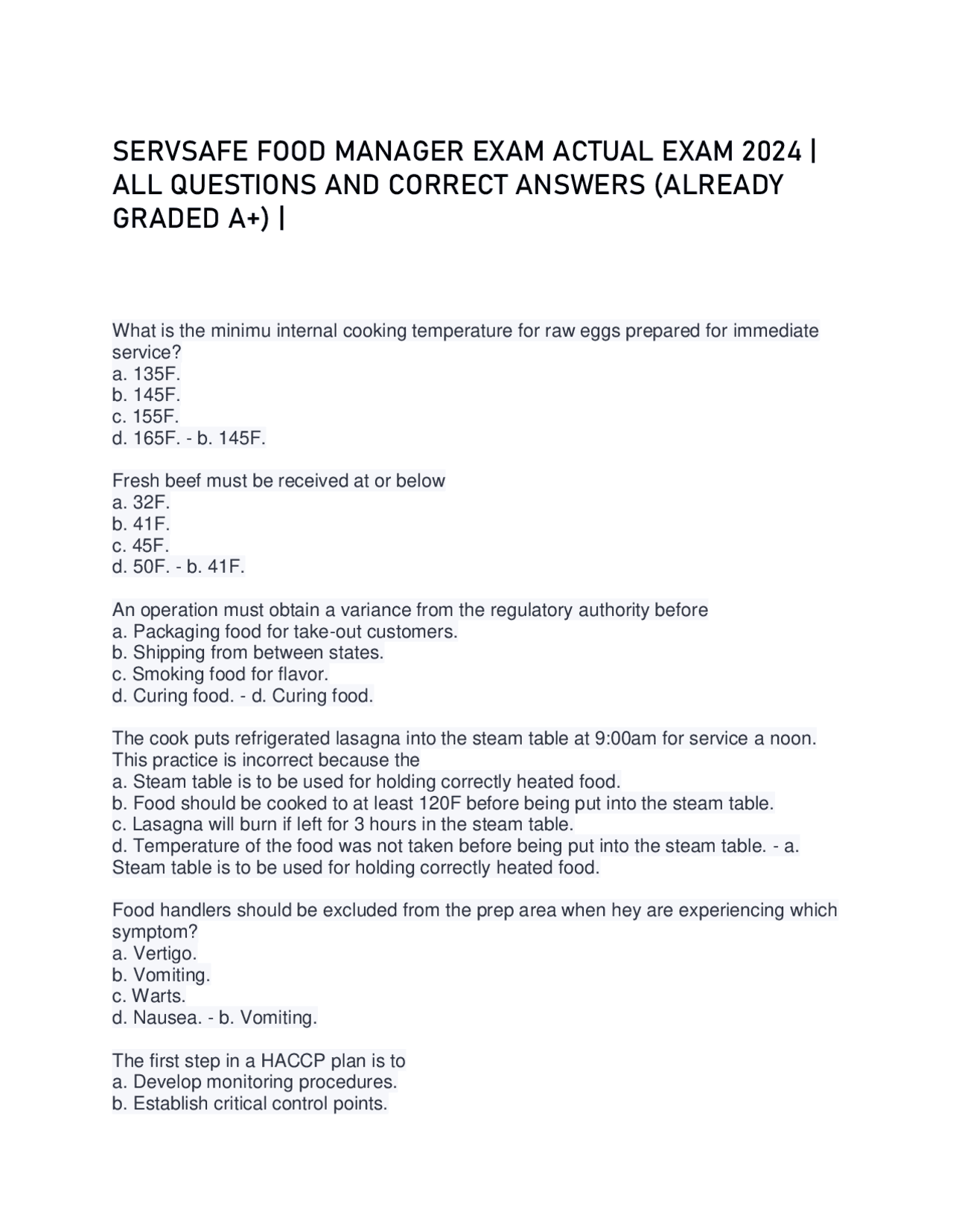 SERVSAFE FOOD MANAGER EXAM ACTUAL EXAM ALL QUESTIONS AND CORRECT ...