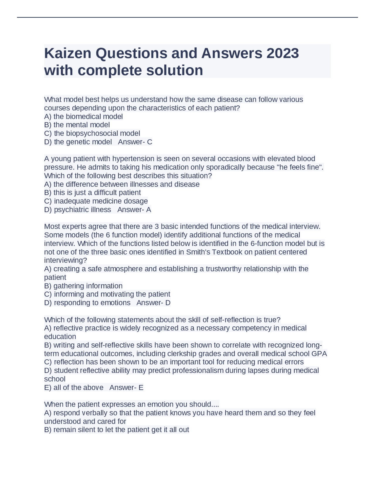 Kaizen Questions and Answers 2023 with complete solution | Exams ...