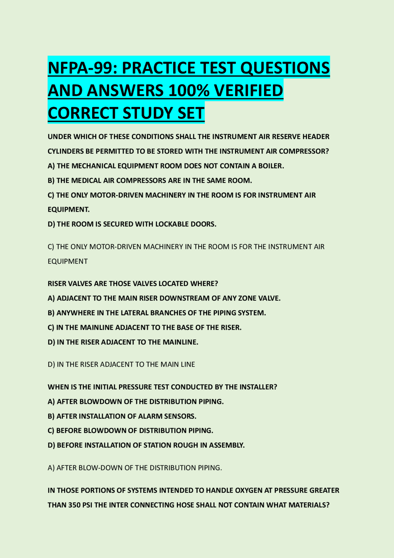 NFPA-99: PRACTICE TEST QUESTIONS AND ANSWERS 100% VERIFIED CORRECT ...