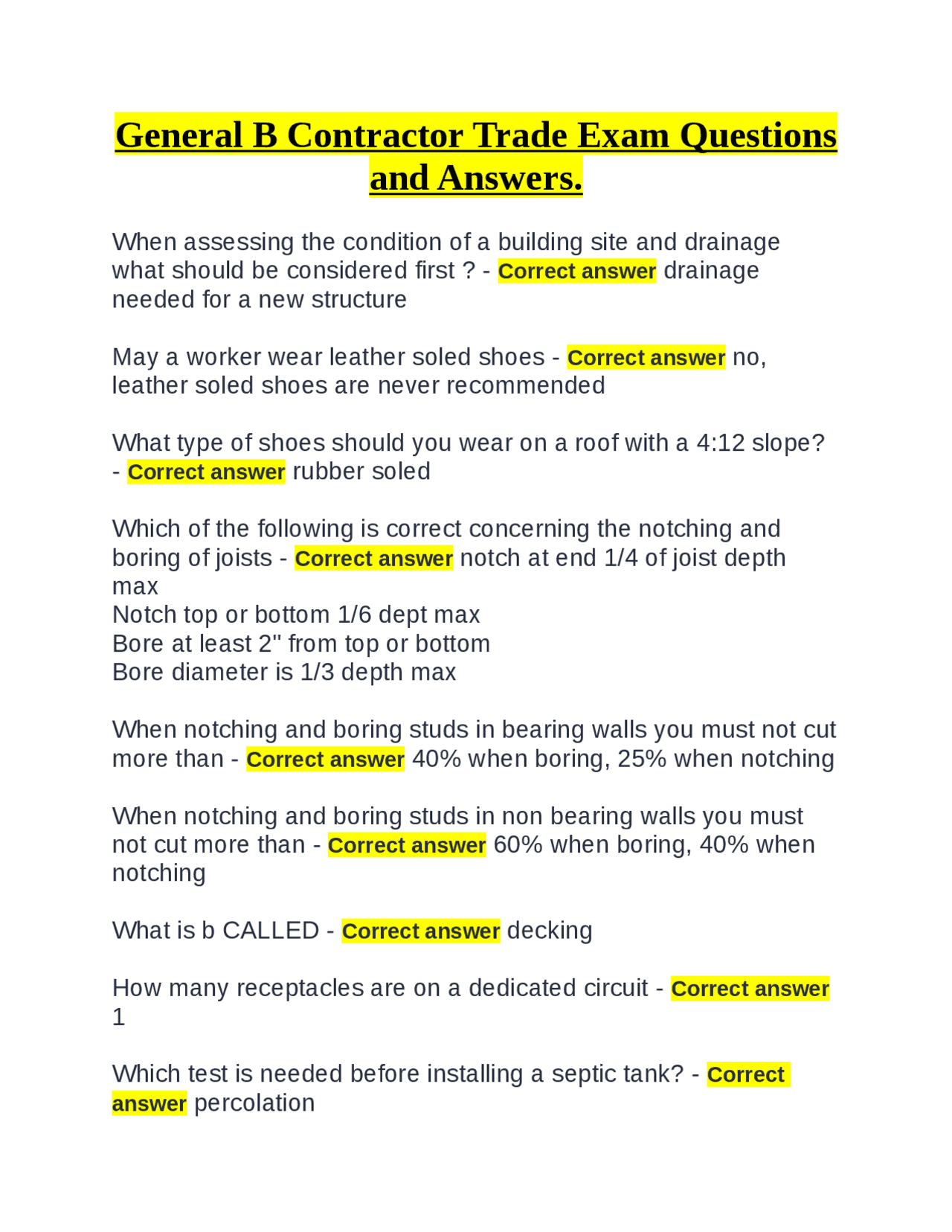 General B Contractor Trade Exam Questions and Answers | Exams ...