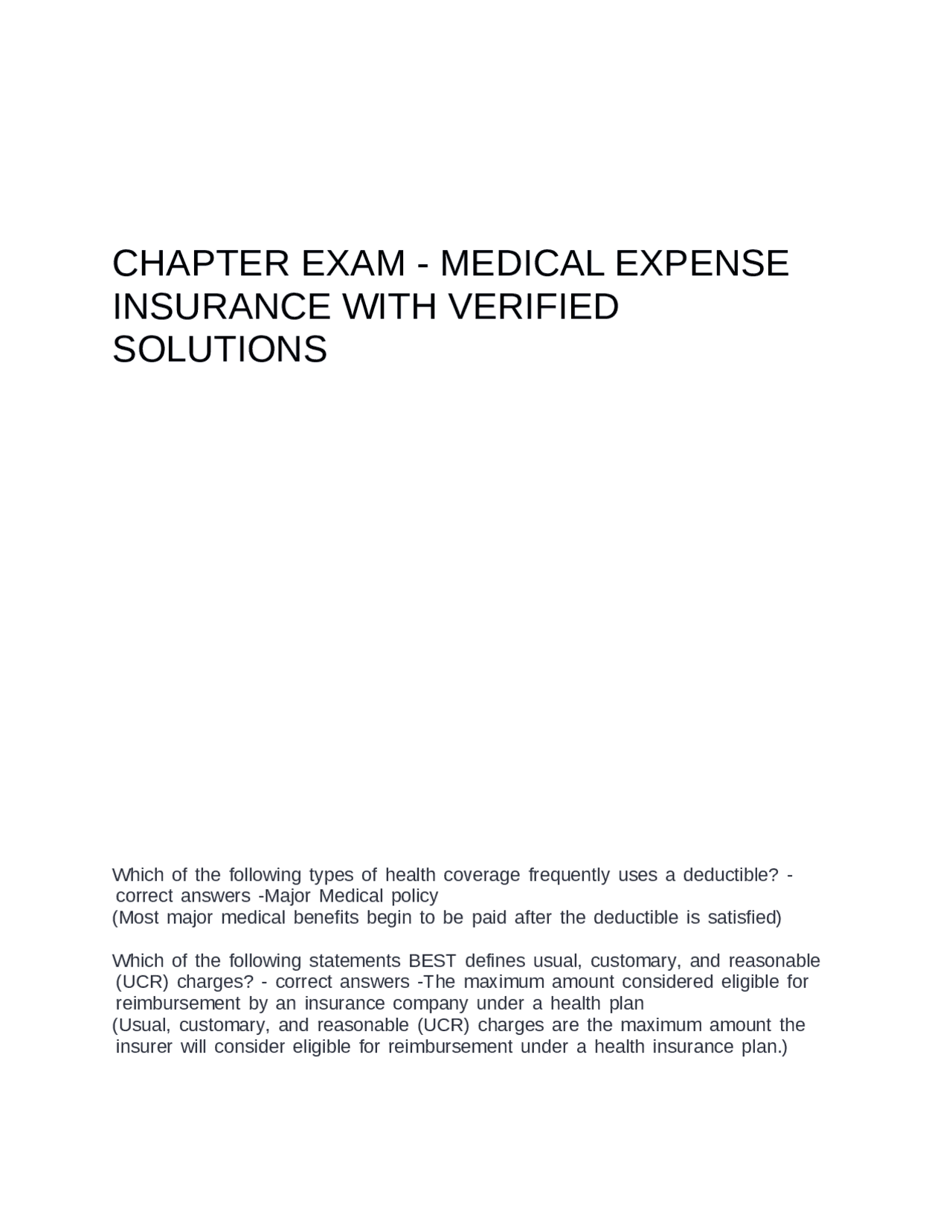 Medical Expense Insurance: Multiple Choice Questions and Answers ...