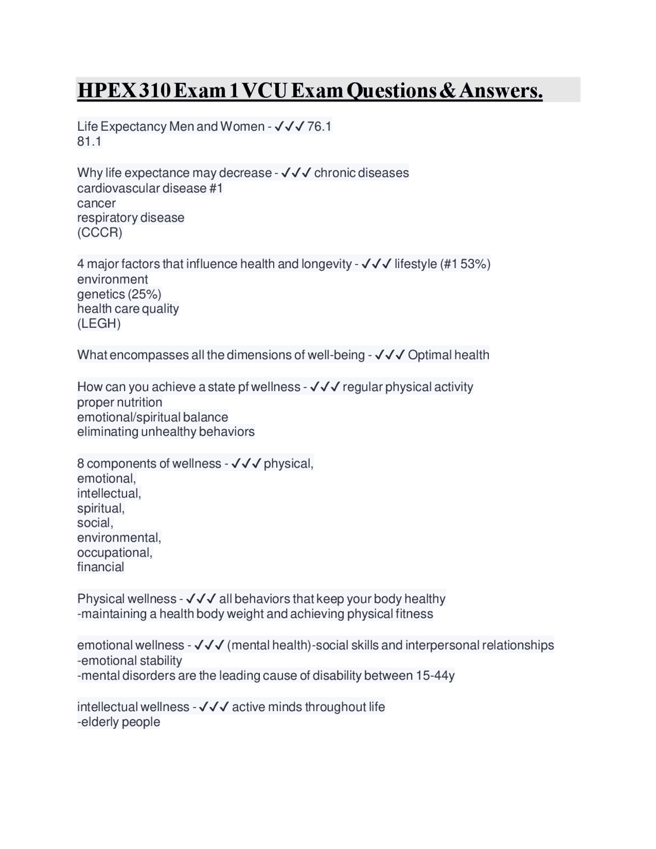 HPEX 310 Exam 1 VCU: Health, Wellness, and Exercise Principles | Exams ...