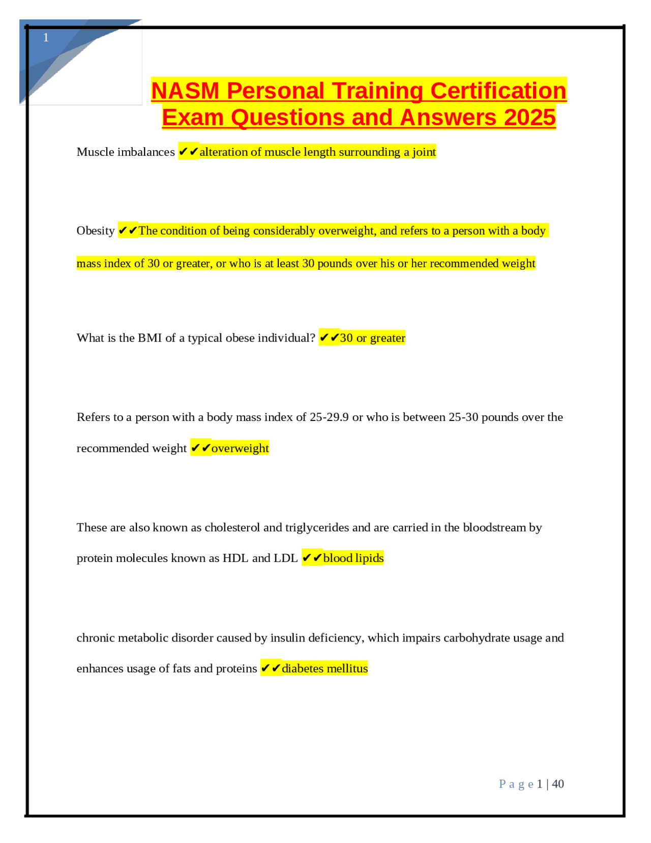 NASM Personal Training Certification Exam Questions and Answers 2025 ...