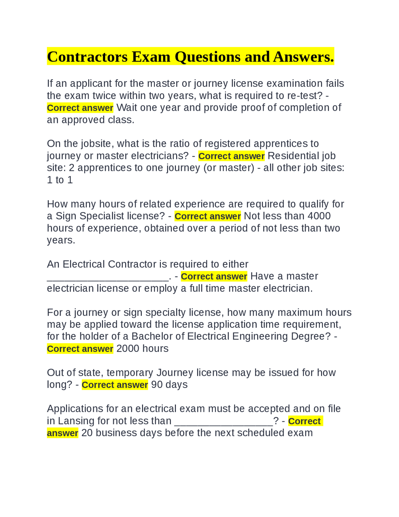 Contractors Exam Questions and Answers. | Exams Construction | Docsity