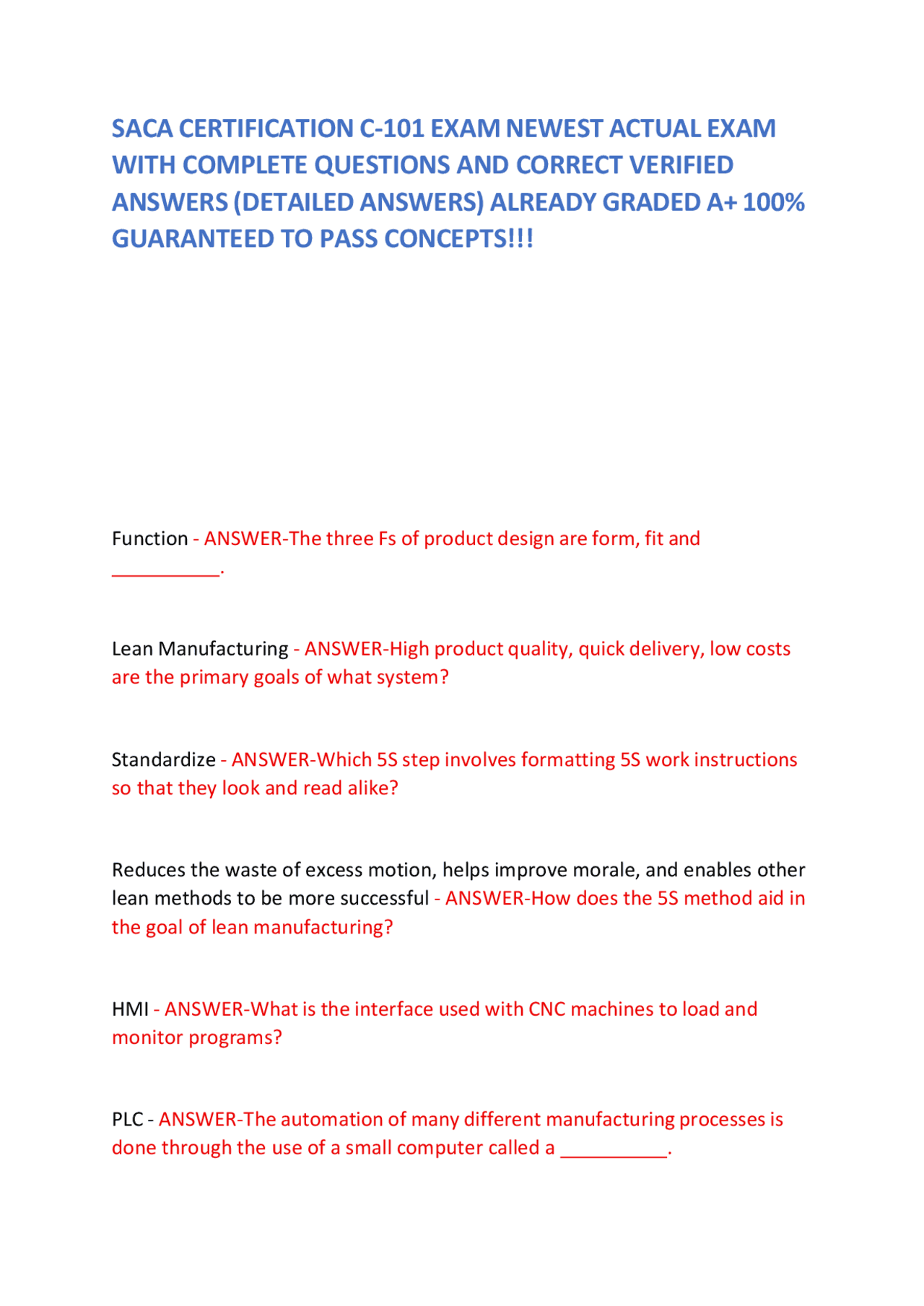 SACA CERTIFICATION C-101 EXAM NEWEST ACTUAL EXAM WITH COMPLETE ...