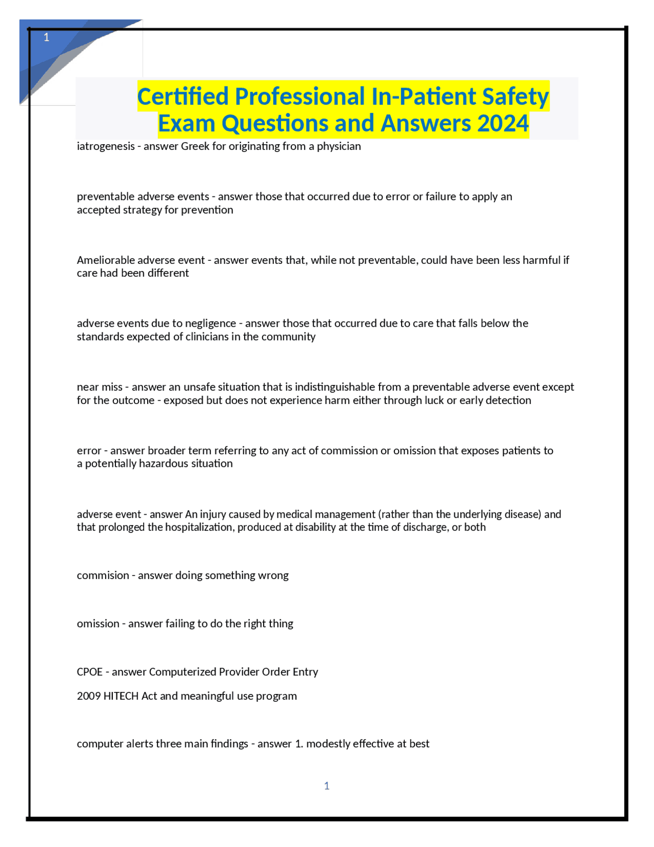 Certified Professional In-Patient Safety Exam Questions and Answers 2024 | Exams Nursing | Docsity