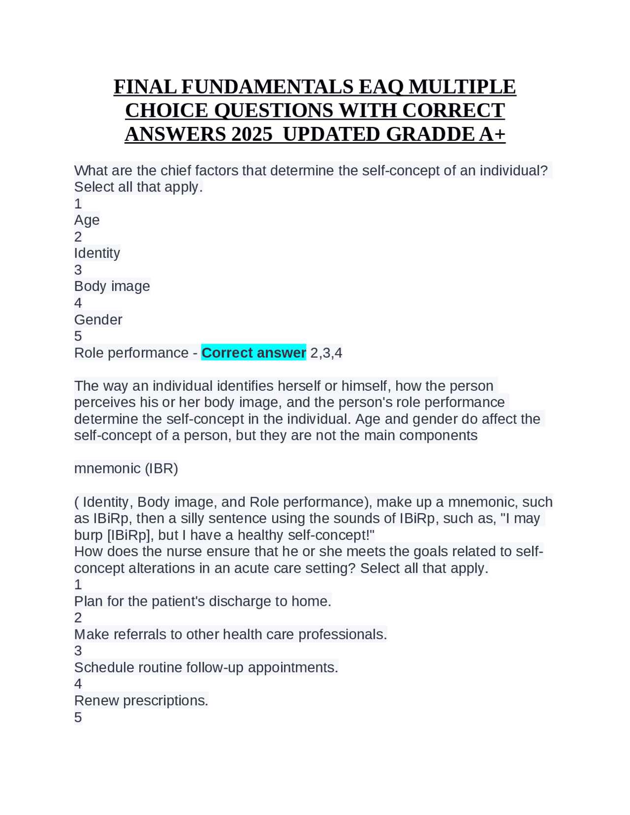 Fundamentals of Self-Concept: Multiple Choice Questions and Answers ...