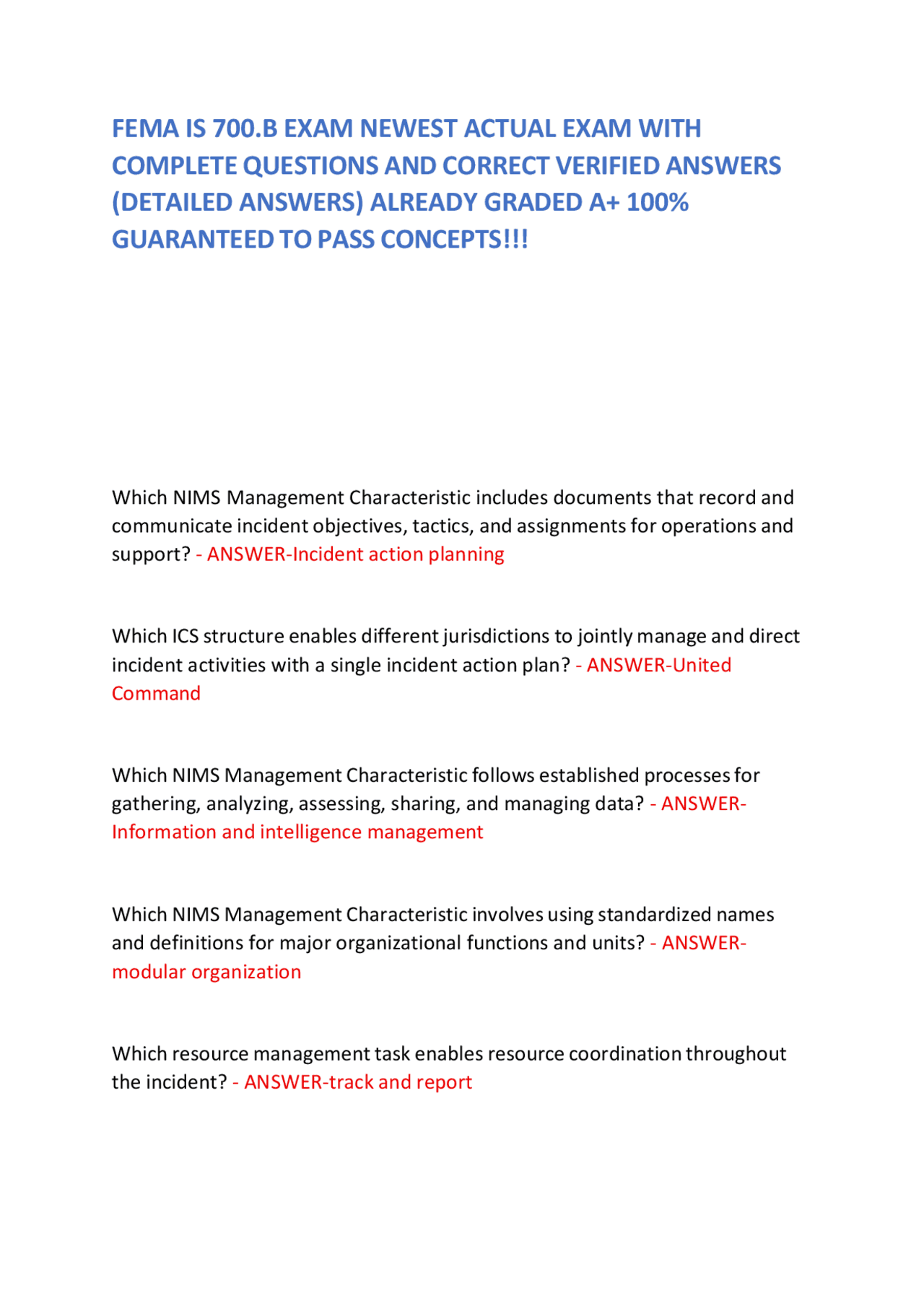 FEMA IS 700.B EXAM NEWEST ACTUAL EXAM WITH COMPLETE QUESTIONS AND ...