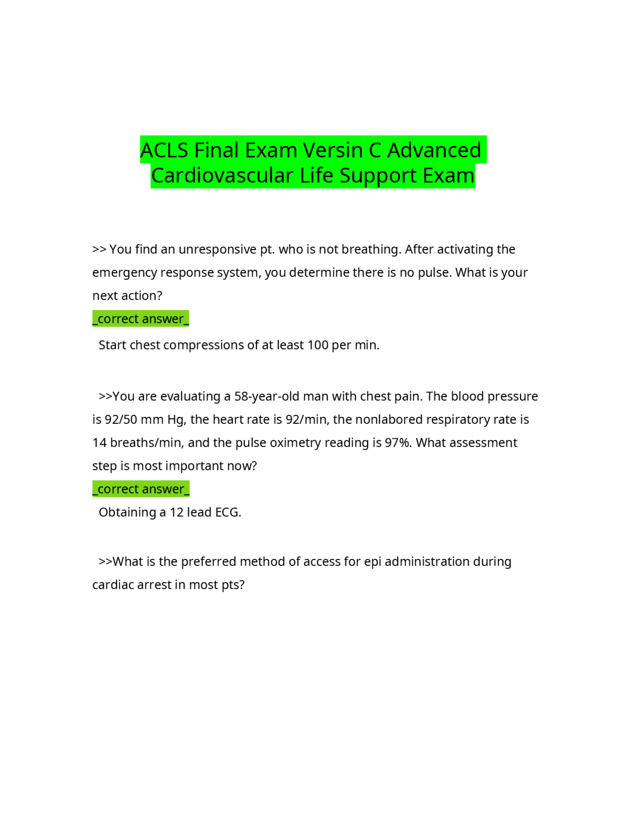 ACLS Final Exam Version C: Advanced Cardiovascular Life Support Exam ...
