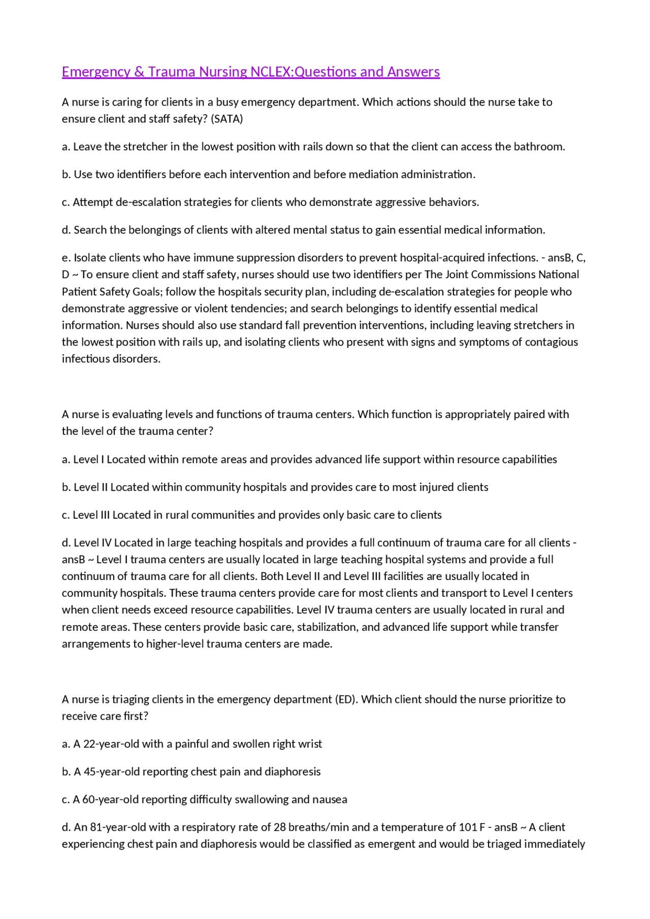Emergency & Trauma Nursing NCLEX | Exercises Nursing | Docsity