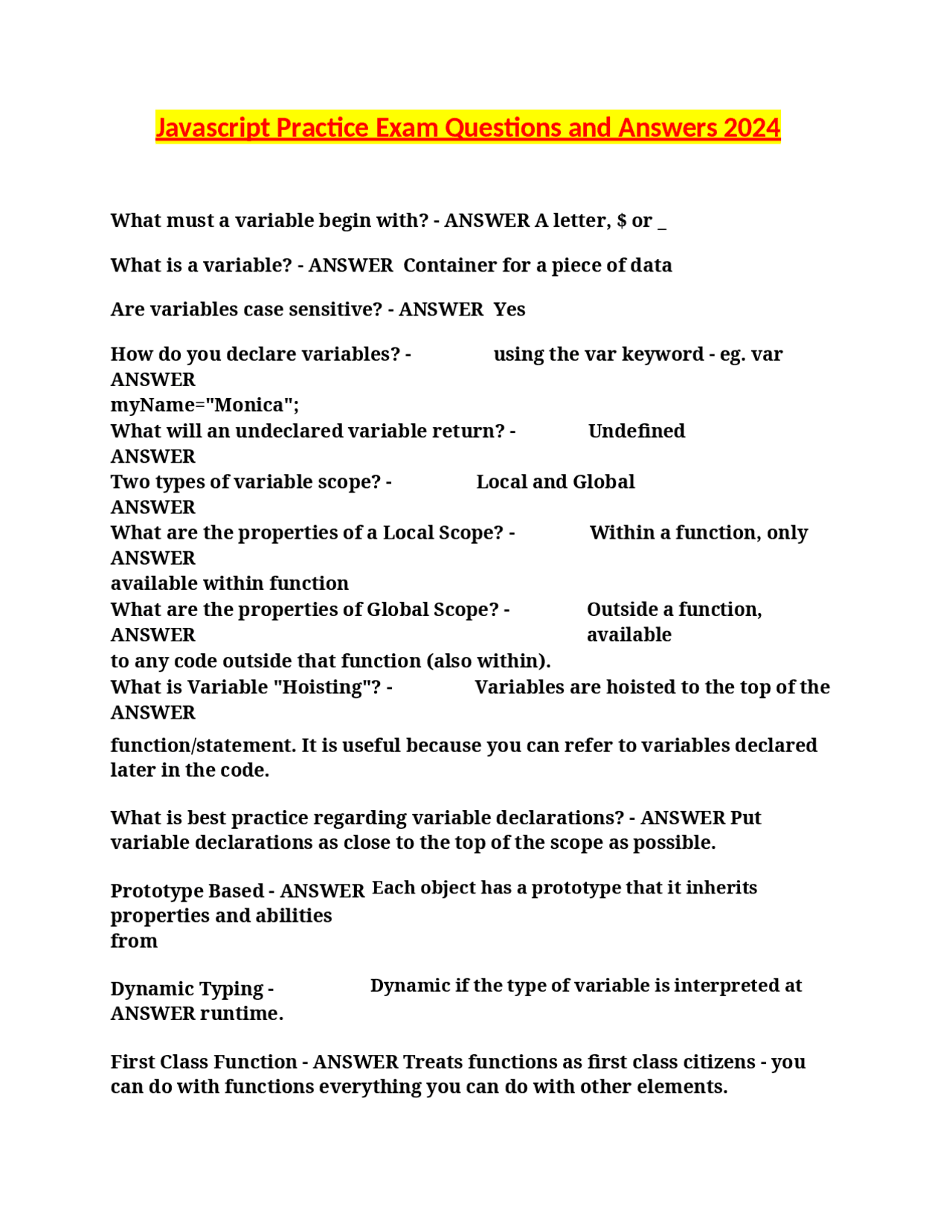 Javascript Practice Exam Questions and Answers 2024 | Exams Nursing ...
