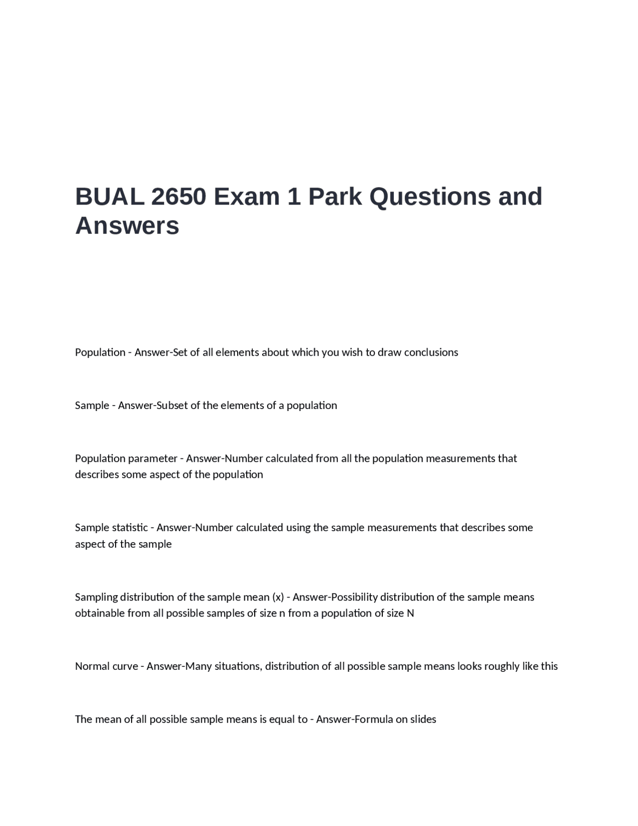 BUAL 2650 Exam 1 Park Questions and Answers | Exams Nursing | Docsity