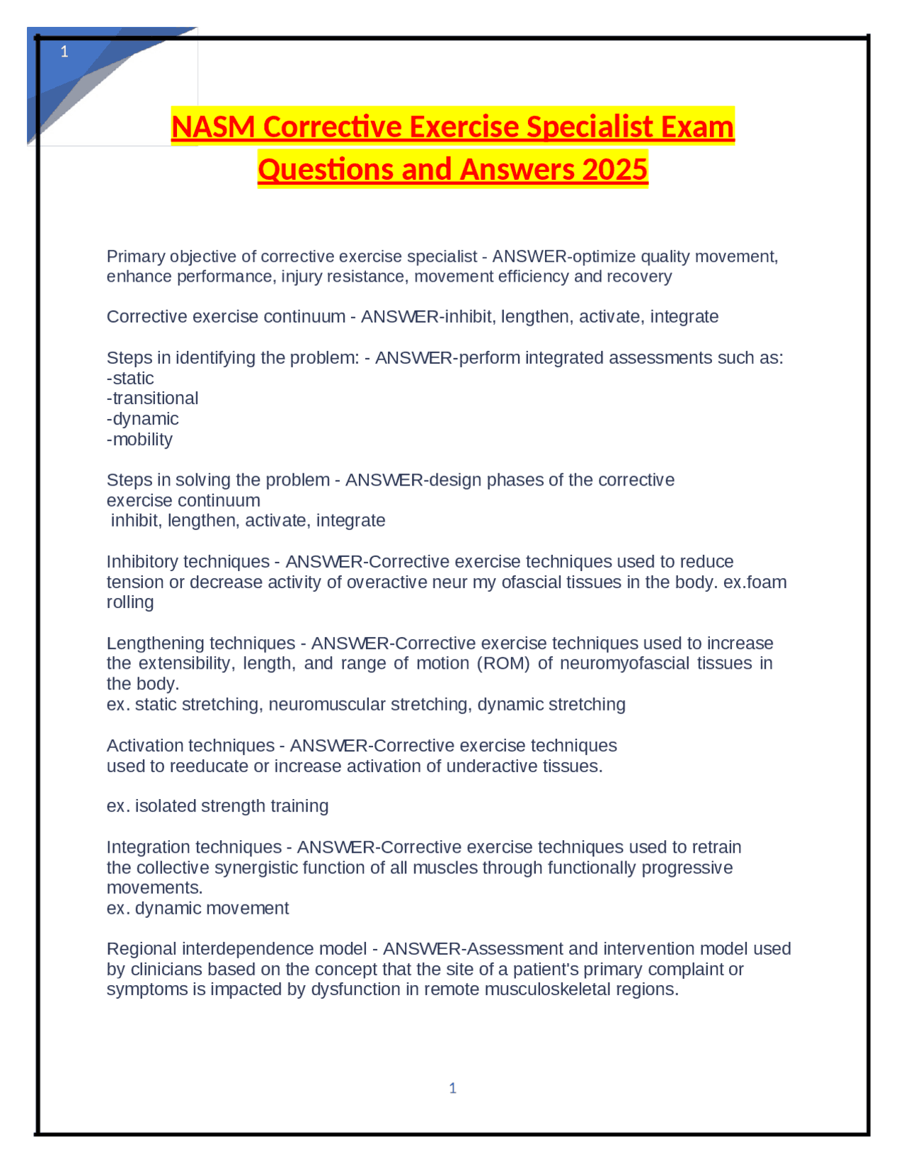 NASM Corrective Exercise Specialist Exam Questions and Answers 2025 ...