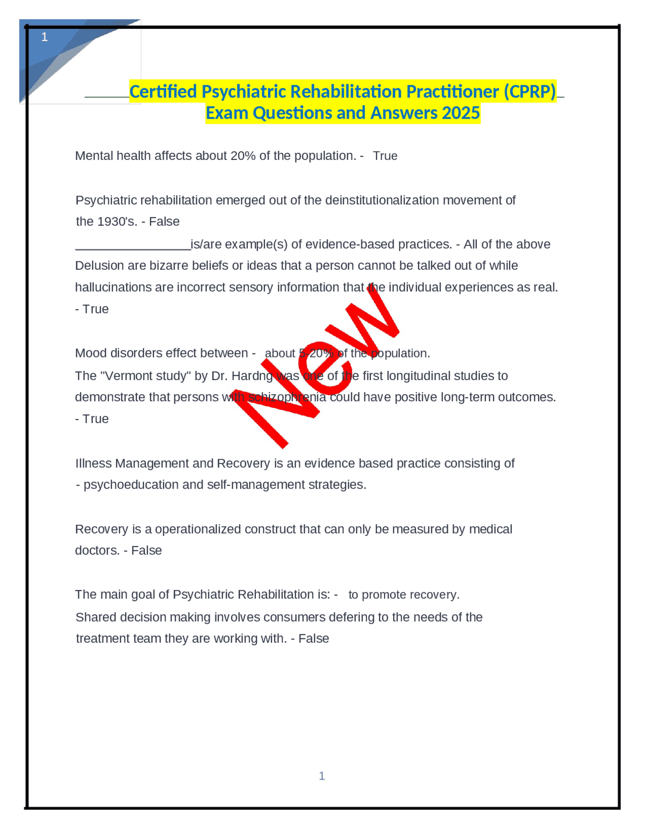 Certified Psychiatric Rehabilitation Practitioner (CPRP) Exam Questions ...