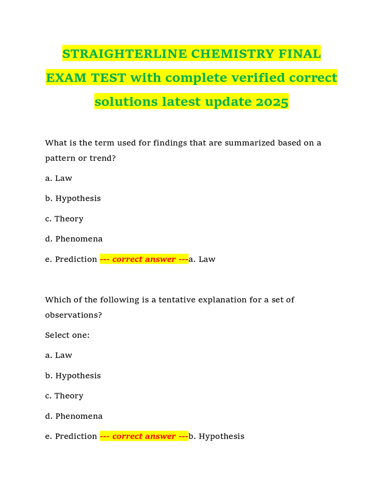 STRAIGHTERLINE CHEMISTRY FINAL EXAM TEST with complete verified correct ...