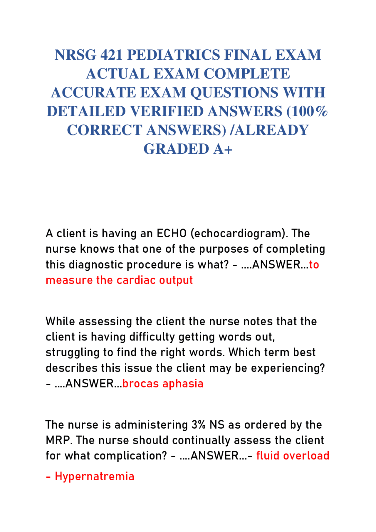 NRSG 421 Pediatrics Final Exam: Comprehensive Study Guide with Detailed ...