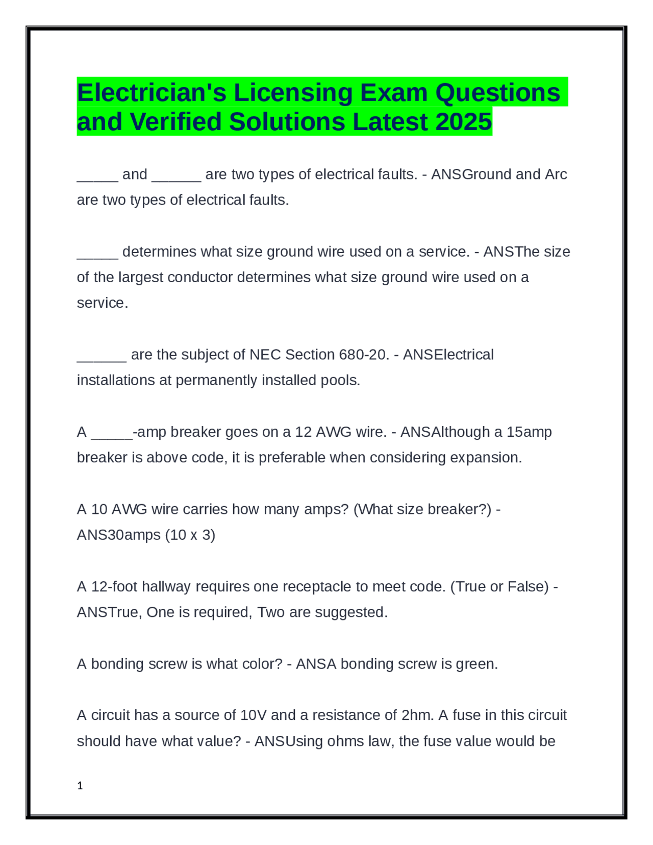 Electrician's Licensing Exam Questions and Verified Solutions Latest ...