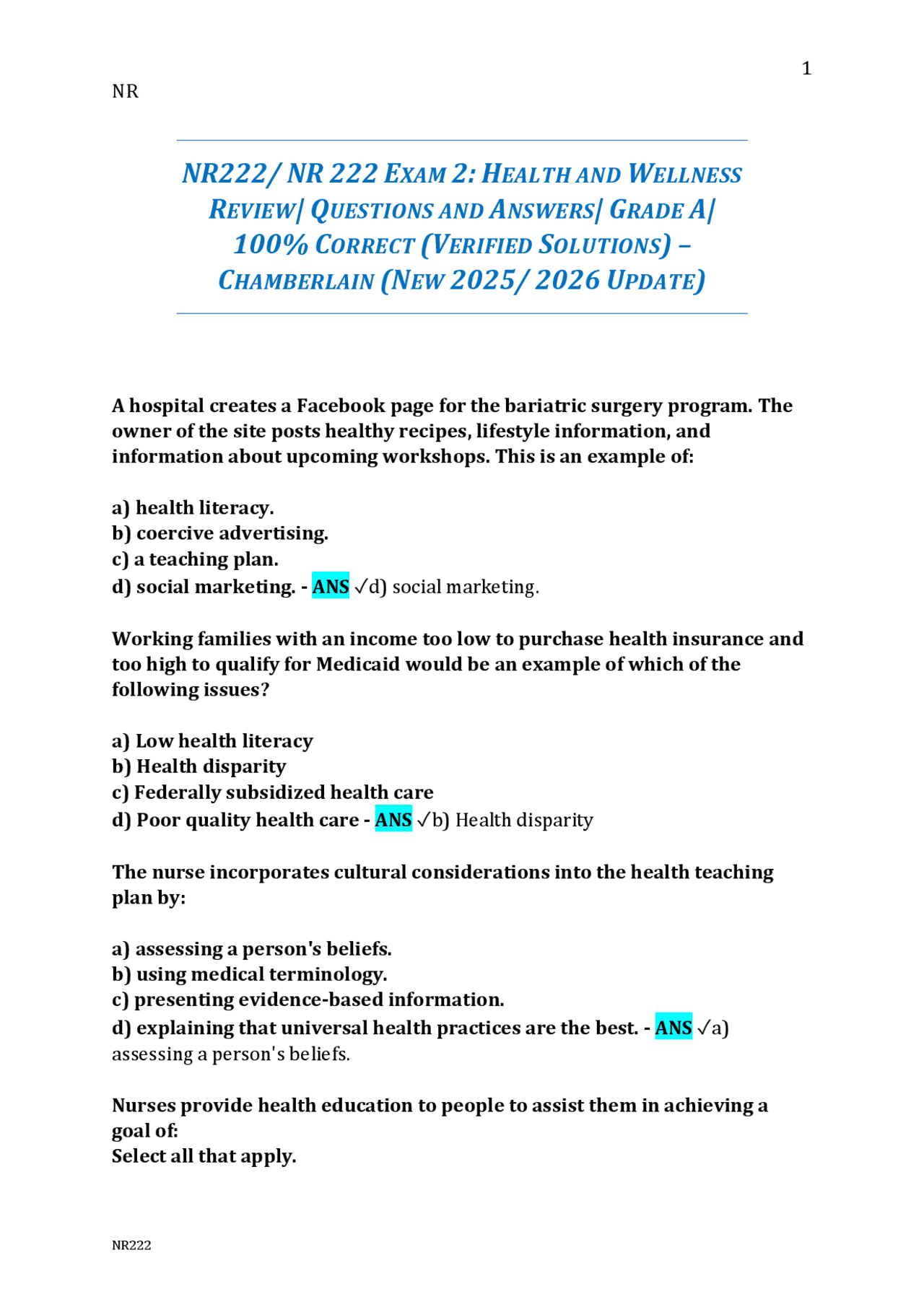 NR 222 EXAM 2: HEALTH AND WELLNESS REVIEW| QUESTIONS AND ANSWERS| GRADE ...