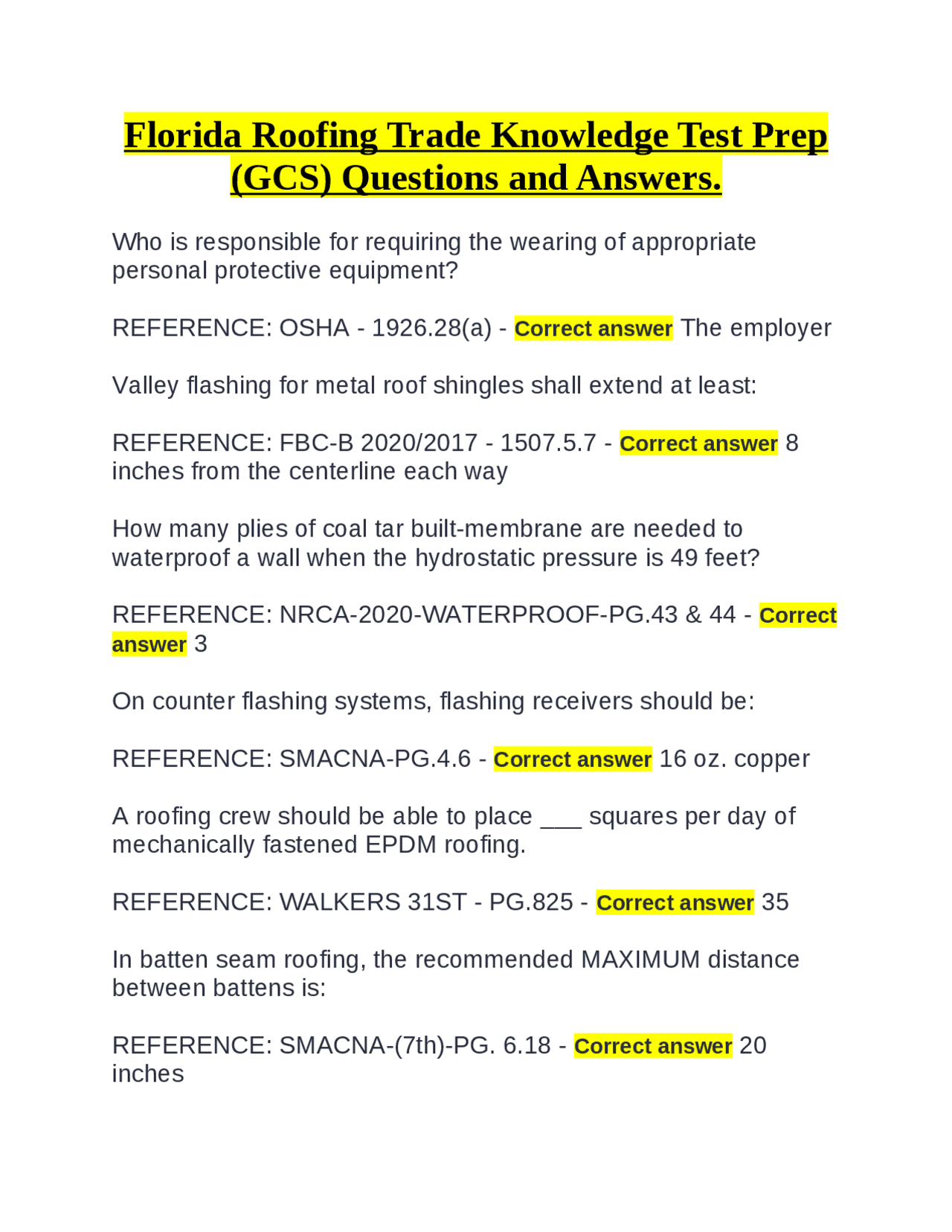 Florida Roofing Trade Knowledge Test Prep (GCS) Questions and Answers ...