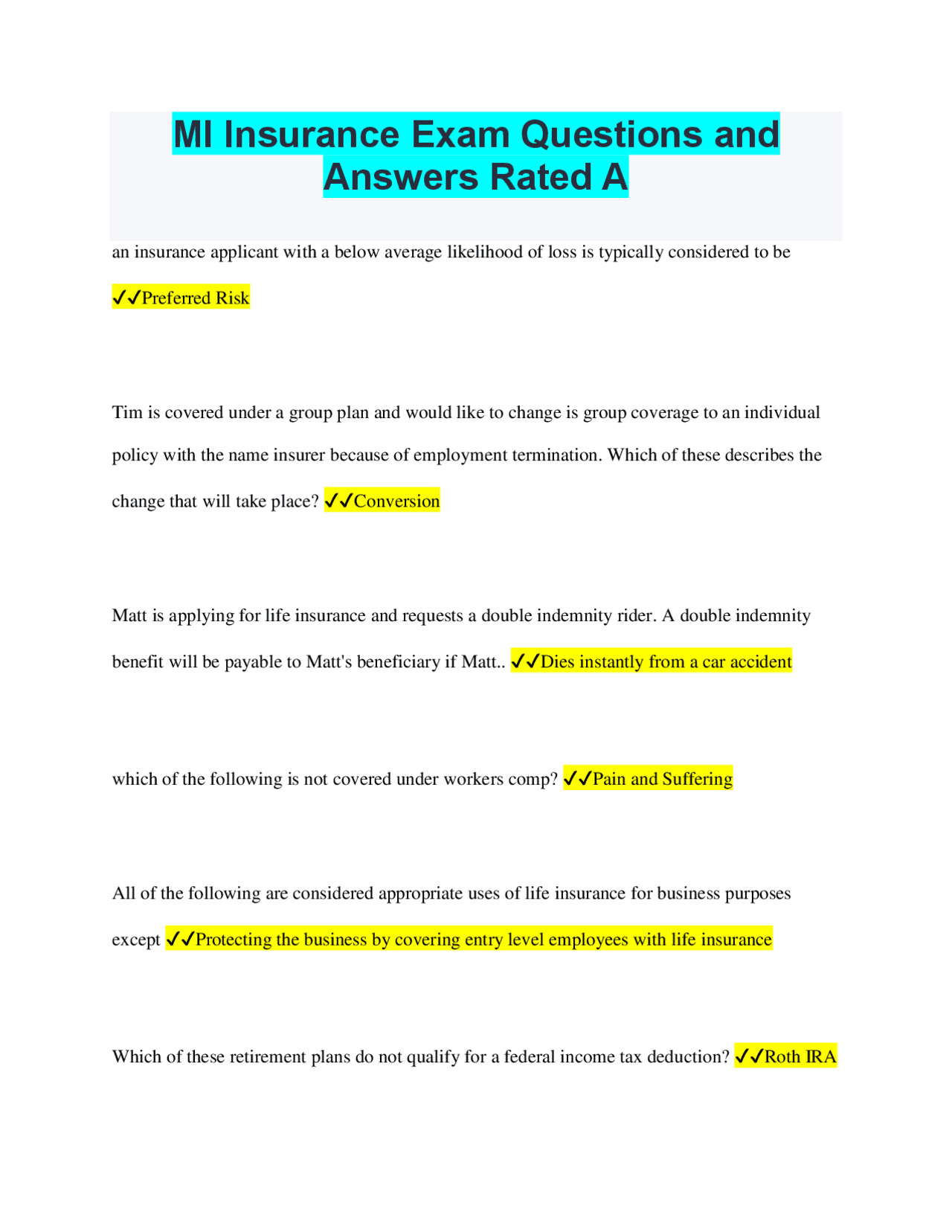 MI Insurance Exam Questions and Answers | Exams Law | Docsity