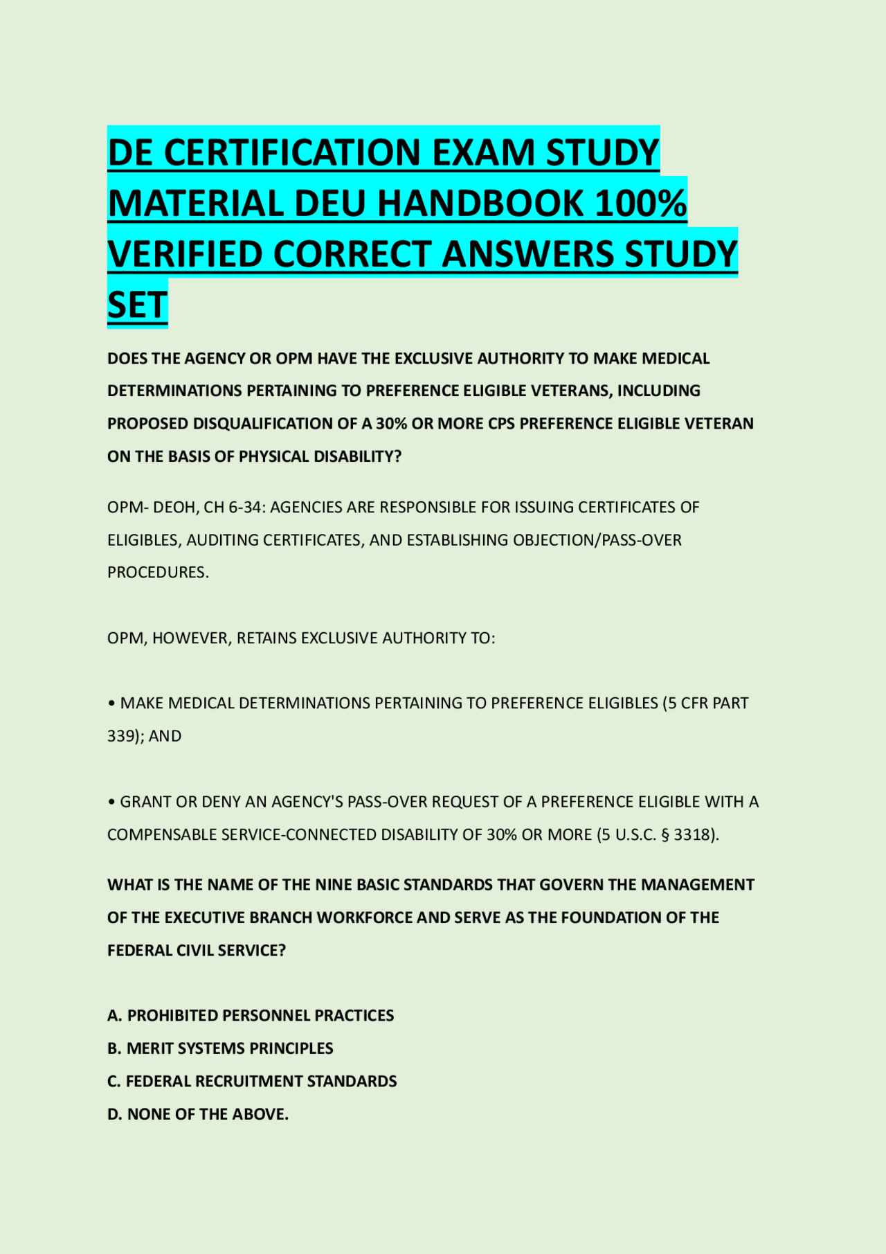 DE CERTIFICATION EXAM STUDY MATERIAL DEU HANDBOOK 100% VERIFIED CORRECT ...