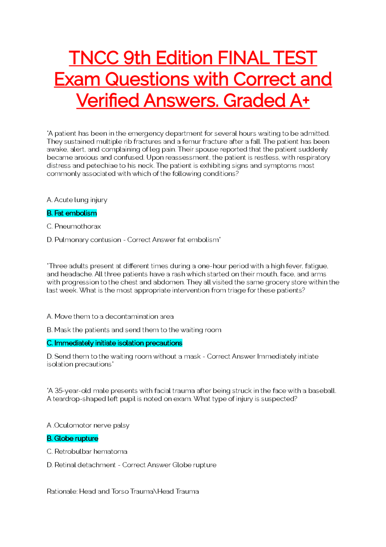 TNCC 9th Edition FINAL TEST Exam Questions with Correct and Verified ...