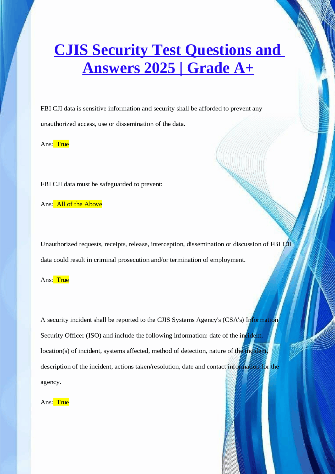 CJIS Security Test Questions and Answers 2025, Grade A+ | Exams Nursing ...