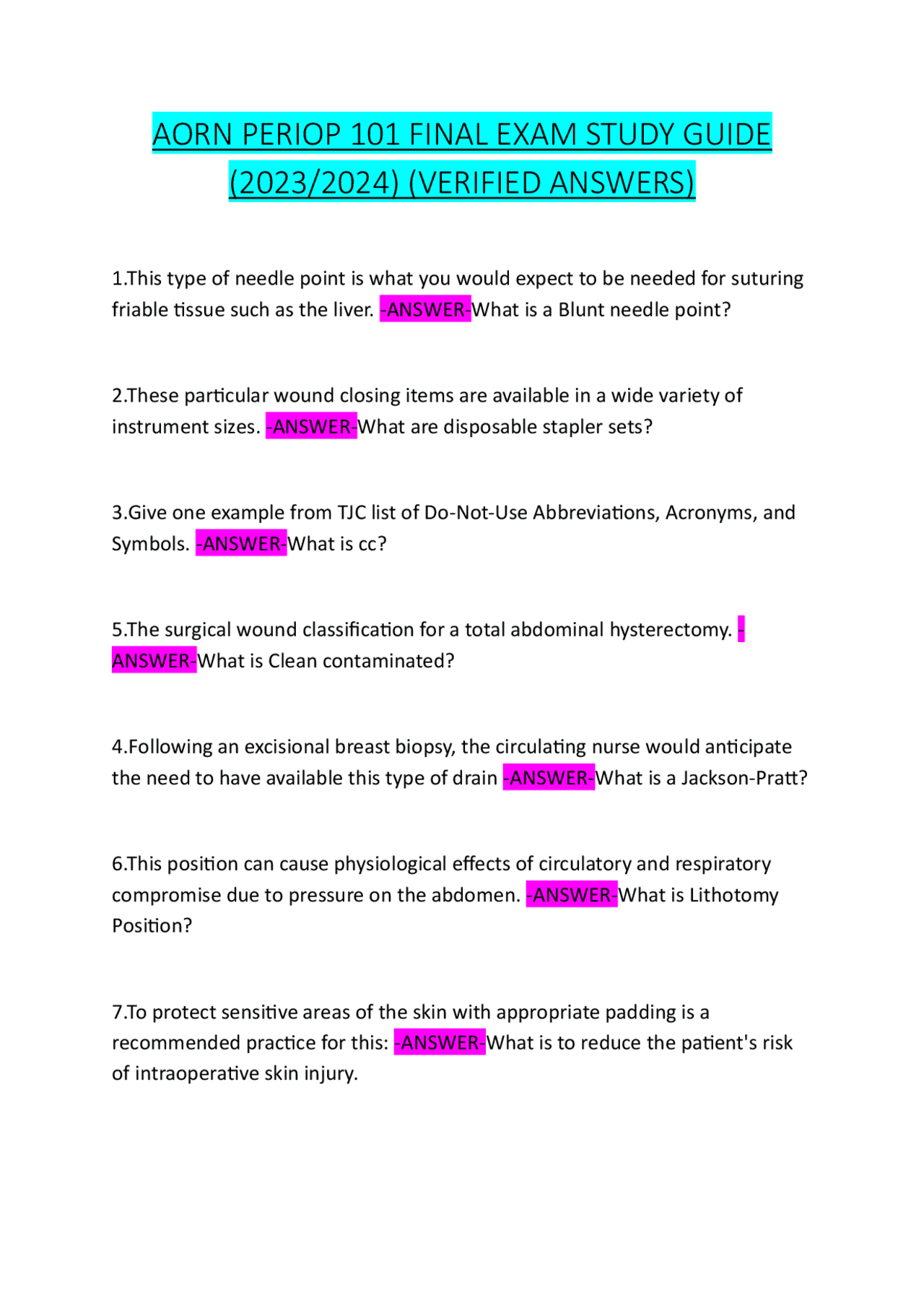 AORN PERIOP 101 Final Exam Study Guide (2023/2024) - Verified Answers ...