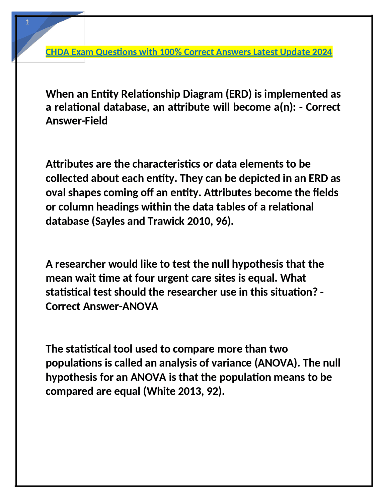 CHDA Exam Questions with 100% Correct Answers: Latest Update 2024 ...