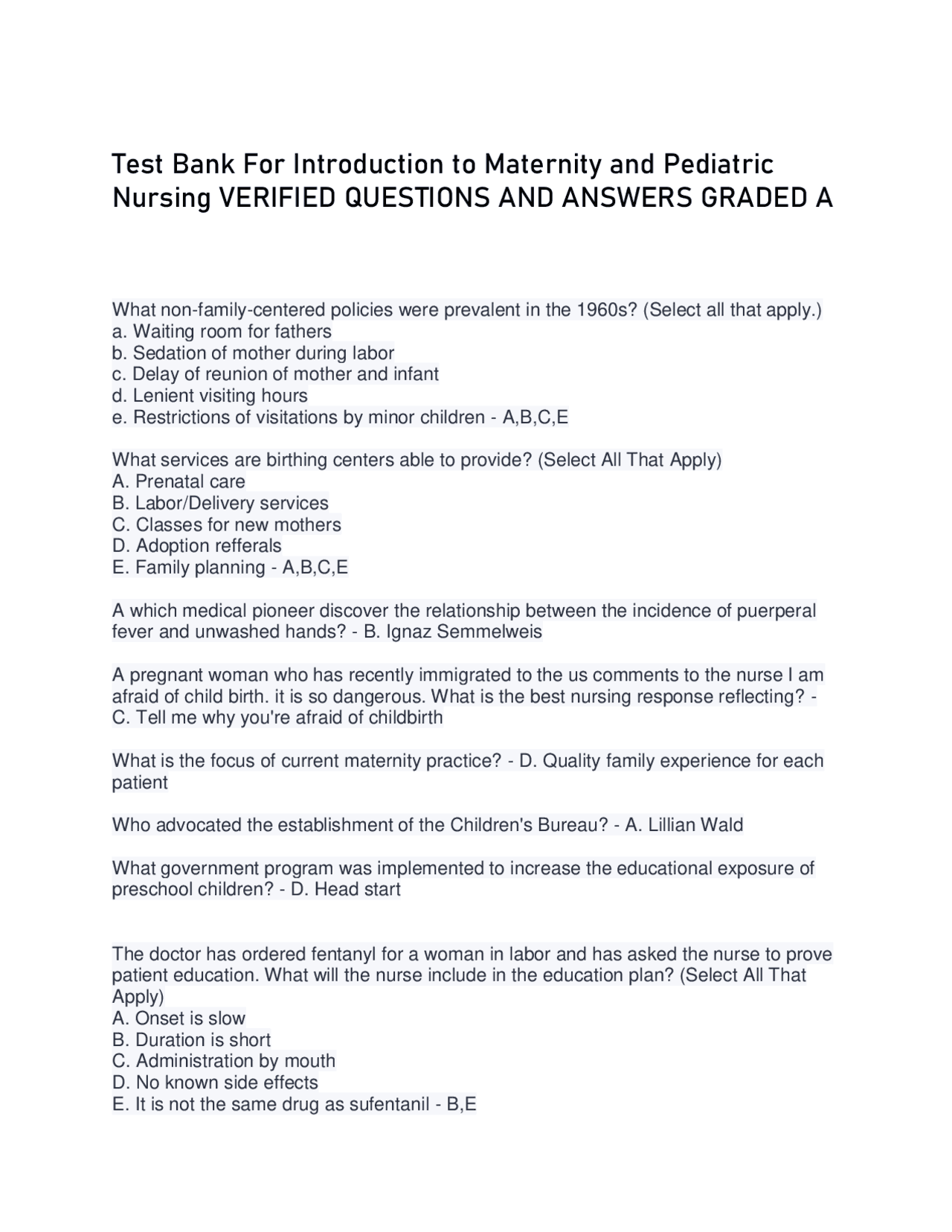 Maternity & Pediatric Nursing Test Bank: Verified Questions & Answers ...