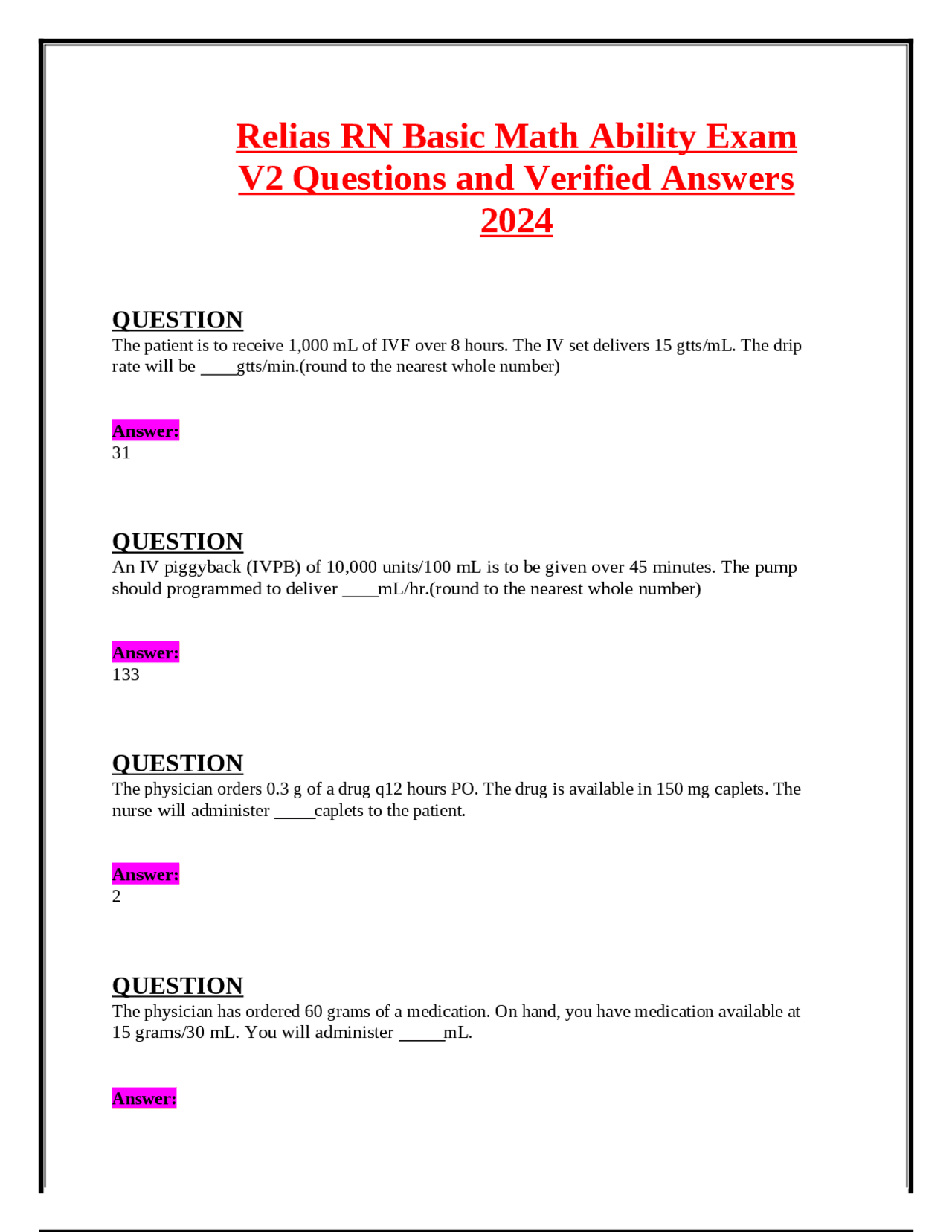 Relias RN Basic Math Ability Exam V2: Questions and Verified Answers ...