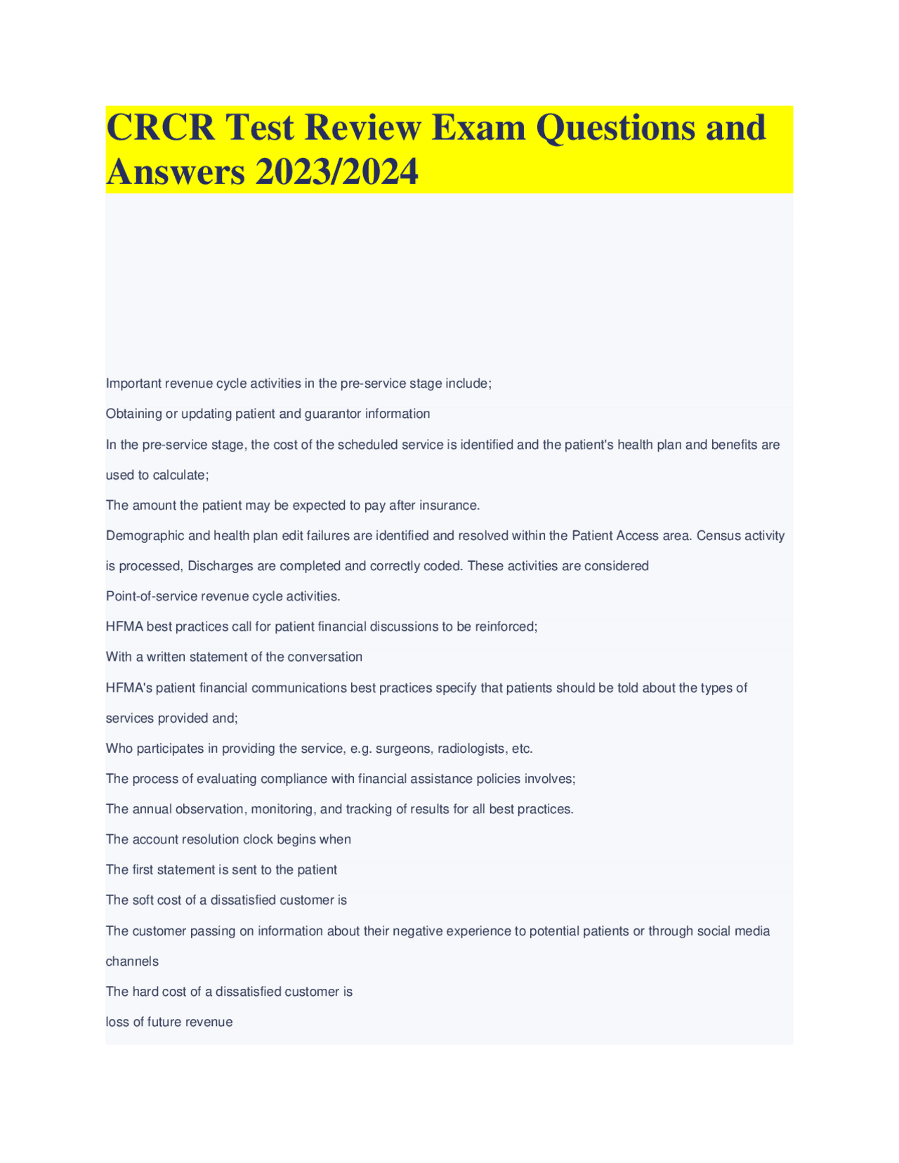 CRCR Test Review Exam Questions and Answers 2023/2024: Healthcare ...