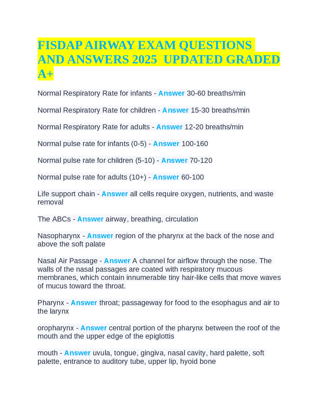 FISDAP Airway Exam Questions and Answers: A Comprehensive Guide to Respiratory System | Exams ...