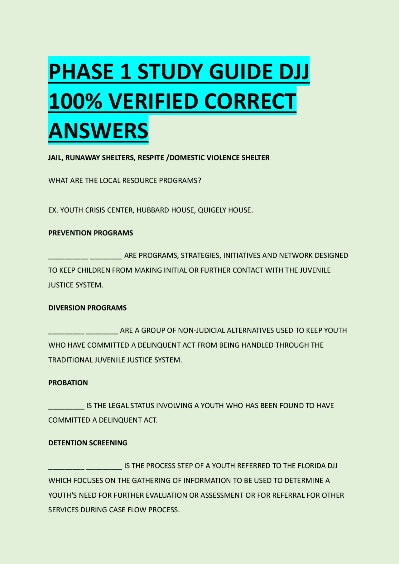 PHASE 1 STUDY GUIDE DJJ 100% VERIFIED CORRECT ANSWERS | Exams ...