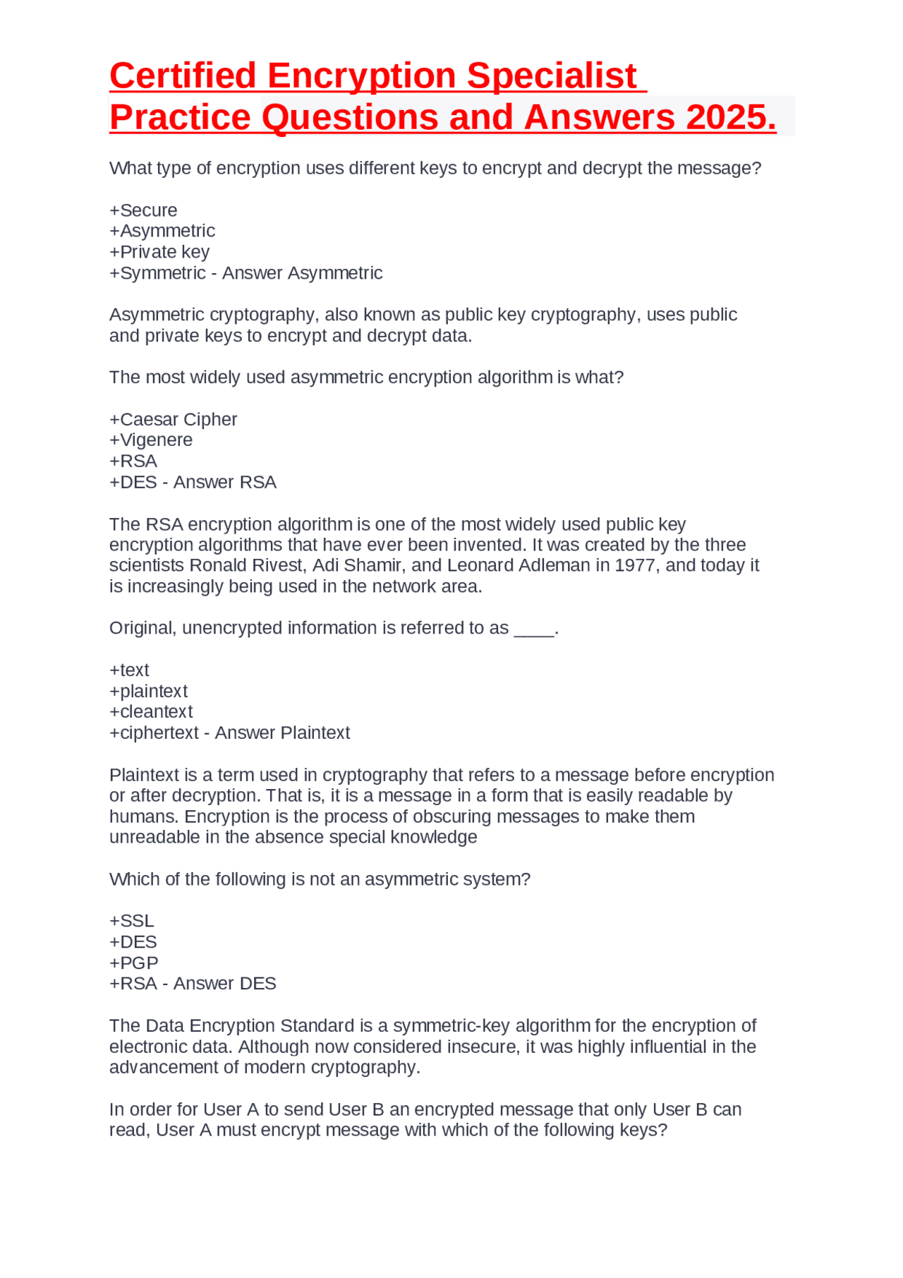 Certified Encryption Specialist Practice Questions and Answers 2025 ...